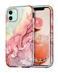 casefiv compatible with iphone 11 case,marble pattern 3 in 1 heavy duty shockproof full body rugged hard pc+soft silicone drop protective women girls cover for iphone 11 6.1 inch, rose gold