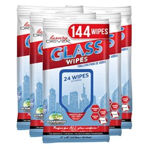 car glass cleaner wipes for car interior cleaning for glass wipes for car windows for windshield for glasses or mirrors, kitchen, home and auto by luxury driver - ocean breeze (6 resealable packs)