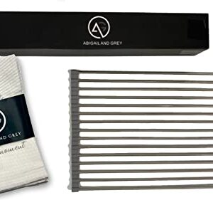 Abigail and Grey Over The Sink Drying Rack Minimalist Roll Up Drying Rack with Premium Metal Strainer Tines - Bonus Flour Sack Kitchen Towel