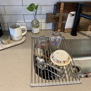 Abigail and Grey Over The Sink Drying Rack Minimalist Roll Up Drying Rack with Premium Metal Strainer Tines - Bonus Flour Sack Kitchen Towel