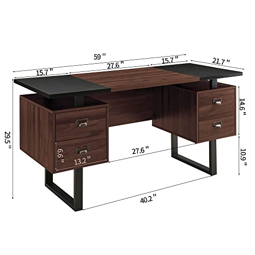 MODERION Computer Desk for Home Office with 4 Large Drawers, Rustic Wood Writing Study Table with Metal Frame, 59” x 21.7” x 29.5”, Easy Assembly, Brown and Black CTSZ20401WACM