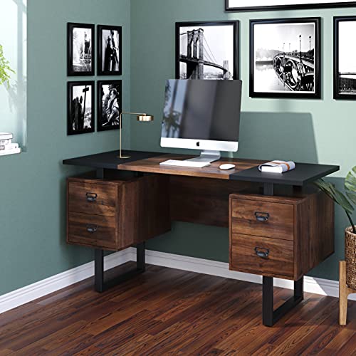 MODERION Computer Desk for Home Office with 4 Large Drawers, Rustic Wood Writing Study Table with Metal Frame, 59” x 21.7” x 29.5”, Easy Assembly, Brown and Black CTSZ20401WACM