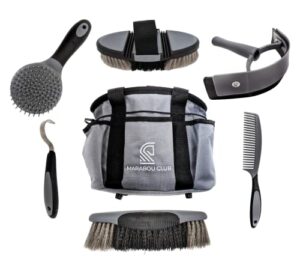 rugged horse grooming kit - seven piece grooming kit for horses. contains horse brushes, hoof pick, sweat scraper and grooming tote