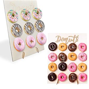 2 pack donut wall display stand for party, wedding, event, brunch, and birthday use, decorative doughnut and bagel holder, pop-up tabletop placement, laser engraved bamboo