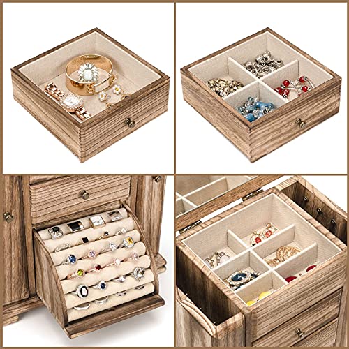 Emfogo Jewelry Box for Women, Rustic Wooden Jewelry Boxes & Organizers with Mirror, 4 Layer Jewelry Organizer Box Display for Rings Earrings Necklaces Bracelets (Rustic Brown)