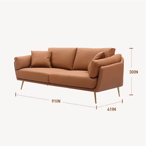 Acanva Mid-Century Modern 3-Seat Living Room Couch, Vegan Leather Sofa, Pecan Brown