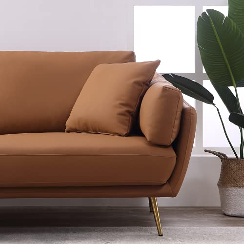 Acanva Mid-Century Modern 3-Seat Living Room Couch, Vegan Leather Sofa, Pecan Brown