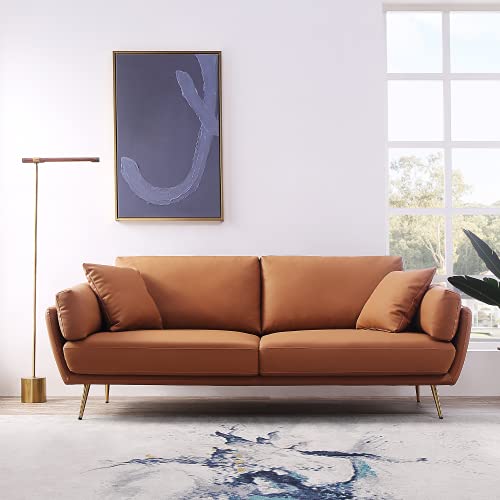 Acanva Mid-Century Modern 3-Seat Living Room Couch, Vegan Leather Sofa, Pecan Brown