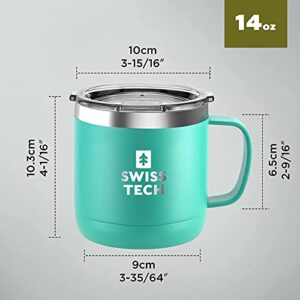 Swiss+Tech 14 oz Coffee Mug, Vacuum Insulated Mug Cup with Lid, Double Wall Stainless Steel Travel Tumbler Cup, Corrosion Resistant, BPA Free (Green&White)