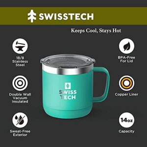 Swiss+Tech 14 oz Coffee Mug, Vacuum Insulated Mug Cup with Lid, Double Wall Stainless Steel Travel Tumbler Cup, Corrosion Resistant, BPA Free (Green&White)