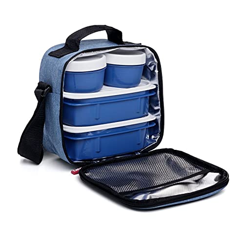 Insulated Lunch Bag with Containers, Thermal Lined Lunch Box for Men/Women Reusable Leak Proof Containers for Work School Travel and Beach Denim Blue Small Lunch Bag with Adjustable Strap