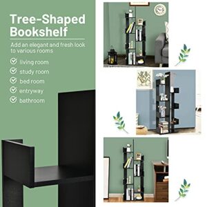 Giantex Wooden Bookcase, Tree-Shaped Modern Display Bookshelf w/ 8 Storage Shelves, Anti-Toppling, 4 Tier Freestanding Decorative Storage Organizer Shelves for CDs Movies Books Plant, Black