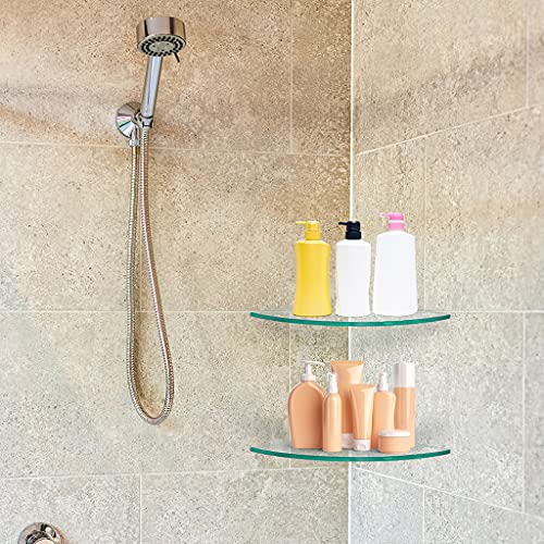 Sanbege 2 Pcs Tempered Glass Corner Shelf with 8 Brackets, 9.5" x 9.5" Floating Shower Caddy, Wall Mounted Shampoo Holder Organizer for Bathroom, Kitchen, Living Room