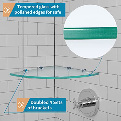 Sanbege 2 Pcs Tempered Glass Corner Shelf with 8 Brackets, 9.5" x 9.5" Floating Shower Caddy, Wall Mounted Shampoo Holder Organizer for Bathroom, Kitchen, Living Room