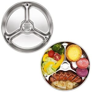 korean stainless steel divided round plates, little kids toddlers babies tray, bpa free, diet control, camping dishes, 8 inch compact serving platter, 3 compartment plate, set of 2