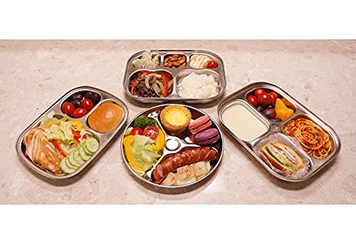 Korean Stainless Steel Divided Round Plates, Little Kids Toddlers Babies Tray, BPA Free, Diet Control, Camping Dishes, 8 Inch Compact Serving Platter, 3 Compartment Plate, Set of 2