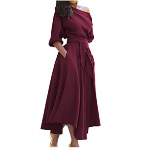 hemlock office lady work dress off shoulder long dress half sleeve formal dresses party maxi dress with belt pockets wine