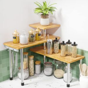 zhws kitchen countertop organizer corner shelf - 3 tier bathroom storage display counter shelves bamboo spice rack desk bookshelf with hooks