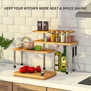 ZHWS Kitchen Countertop Organizer Corner Shelf - 3 Tier Bathroom Storage Display Counter Shelves Bamboo Spice Rack Desk Bookshelf with Hooks