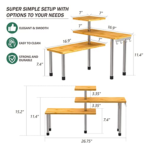 ZHWS Kitchen Countertop Organizer Corner Shelf - 3 Tier Bathroom Storage Display Counter Shelves Bamboo Spice Rack Desk Bookshelf with Hooks