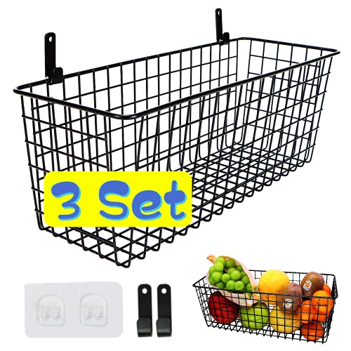 3 Set [Extra Large]Hanging Wall Baskets,Wire Basket For Storage Pantry, Farmhouse Food Storage Kitchen Pantry Laundry Closet Garage RV,Black