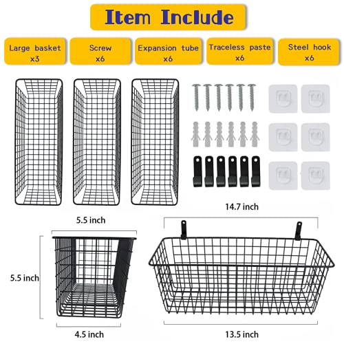 3 Set [Extra Large]Hanging Wall Baskets,Wire Basket For Storage Pantry, Farmhouse Food Storage Kitchen Pantry Laundry Closet Garage RV,Black