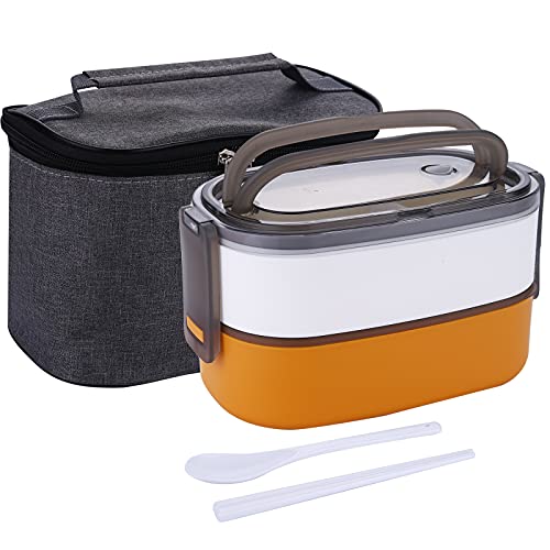 DILUOOU Bento Lunch Box For Adults, Stackable Bento Lunch Box With Divider,2 in 1 Compartment Salad Lunch container with Insulated Lunch Bag & Utensils,Microwave Safe(Yellow White)