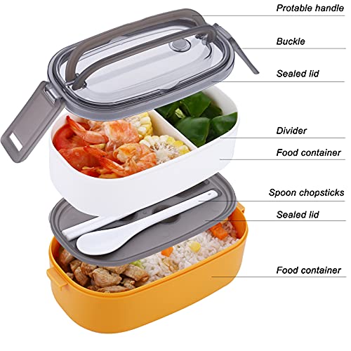 DILUOOU Bento Lunch Box For Adults, Stackable Bento Lunch Box With Divider,2 in 1 Compartment Salad Lunch container with Insulated Lunch Bag & Utensils,Microwave Safe(Yellow White)