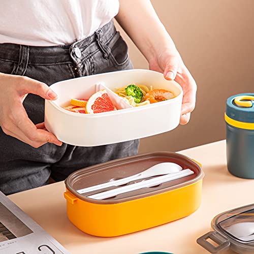 DILUOOU Bento Lunch Box For Adults, Stackable Bento Lunch Box With Divider,2 in 1 Compartment Salad Lunch container with Insulated Lunch Bag & Utensils,Microwave Safe(Yellow White)