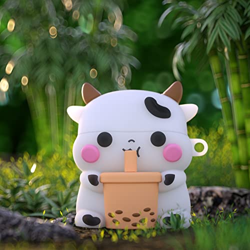 Cute Airpod Case Cover, Boba Tea Cow Airpods Case 3D Cartoon Funny Food Design Soft Silicone Protective Airpods 2 & 1 Charging Case Cover with keychain for Airpods 1st Generation/2nd Generation-6 in 1