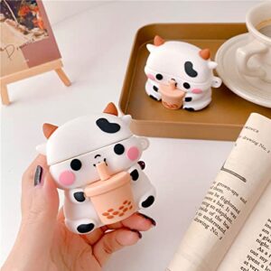 Cute Airpod Case Cover, Boba Tea Cow Airpods Case 3D Cartoon Funny Food Design Soft Silicone Protective Airpods 2 & 1 Charging Case Cover with keychain for Airpods 1st Generation/2nd Generation-6 in 1