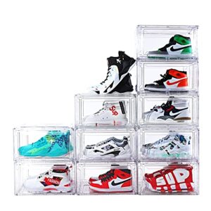 10 pack shoe boxes clear stackable, large shoe storage boxes, space saving acrylic shoe boxes, foldable shoe container boxes that fits up to size 14 shoes (10 pack transparent)