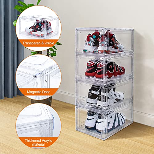 10 Pack Shoe Boxes Clear Stackable, Large Shoe Storage Boxes, Space Saving Acrylic Shoe Boxes, Foldable Shoe Container Boxes that Fits Up to Size 14 Shoes (10 Pack Transparent)