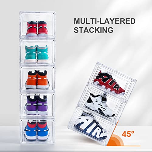 10 Pack Shoe Boxes Clear Stackable, Large Shoe Storage Boxes, Space Saving Acrylic Shoe Boxes, Foldable Shoe Container Boxes that Fits Up to Size 14 Shoes (10 Pack Transparent)