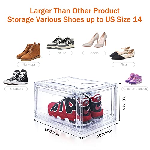 10 Pack Shoe Boxes Clear Stackable, Large Shoe Storage Boxes, Space Saving Acrylic Shoe Boxes, Foldable Shoe Container Boxes that Fits Up to Size 14 Shoes (10 Pack Transparent)