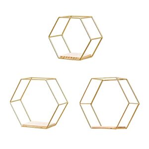 hxrzzg hexagon floating shelves, metal wall mounted shelves hexagon rustic farmhouse shelves honeycombs shelves for living room bedroom bathroom kitchen,set of 3 gold s,m,l