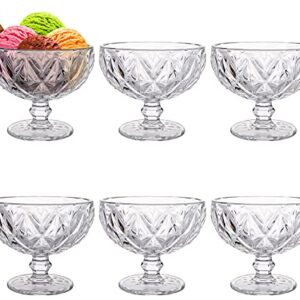 Lawei Set of 6 Glass Dessert Bowls, 10 Oz Footed Ice Cream Sundae Cups, Vintage Embossed Thick Dessert Dishes, Clear Crystal Glass Serving Bowls for Parfait, Dessert, Snack, Cocktail, Cereal, Fruit