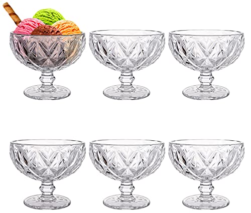 Lawei Set of 6 Glass Dessert Bowls, 10 Oz Footed Ice Cream Sundae Cups, Vintage Embossed Thick Dessert Dishes, Clear Crystal Glass Serving Bowls for Parfait, Dessert, Snack, Cocktail, Cereal, Fruit