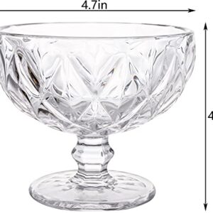 Lawei Set of 6 Glass Dessert Bowls, 10 Oz Footed Ice Cream Sundae Cups, Vintage Embossed Thick Dessert Dishes, Clear Crystal Glass Serving Bowls for Parfait, Dessert, Snack, Cocktail, Cereal, Fruit