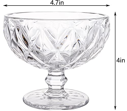 Lawei Set of 6 Glass Dessert Bowls, 10 Oz Footed Ice Cream Sundae Cups, Vintage Embossed Thick Dessert Dishes, Clear Crystal Glass Serving Bowls for Parfait, Dessert, Snack, Cocktail, Cereal, Fruit