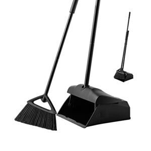 eyliden commercial angle broom and dustpan combo, with long handle, lobby dust pan sweep set for outdoor garages courtyard sidewalks decks indoor home kitchen room office (black broom+dustpan)