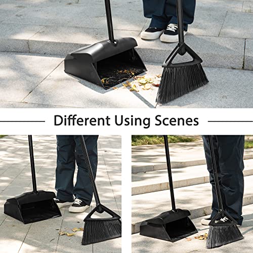 Eyliden Commercial Angle Broom and Dustpan Combo, with Long Handle, Lobby Dust Pan Sweep Set for Outdoor Garages Courtyard Sidewalks Decks Indoor Home Kitchen Room Office (Black Broom+Dustpan)