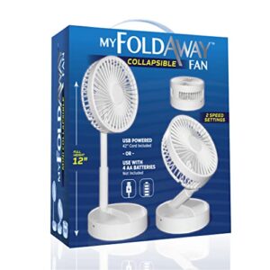 my foldaway fan mini desktop fan | ultra-portable lightweight compact tabletop fan | extends up to 12” | 2 speed modes | uses aa batteries or usb power wire | desk fan, nightstand use | whisper quiet