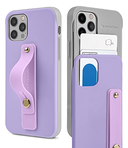 GOOSPERY SlideTok Compatible Case with iPhone 12/12 Pro Card Holder Phone Finger Band Loop Stretch Grip Kickstand 2 Card Storage Dual Layer Protective Bumper Wallet Cover - Purple