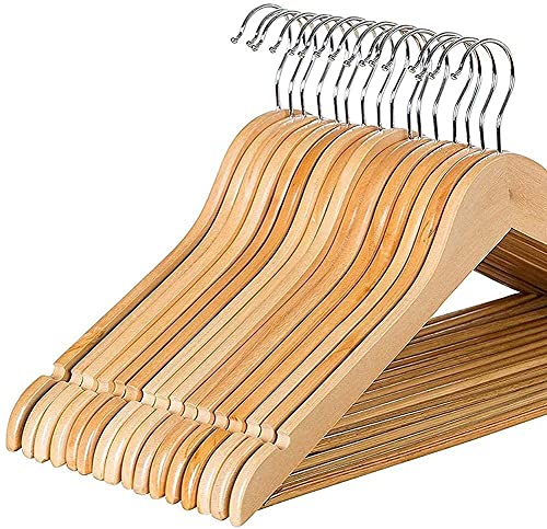 Gerneric 20 Pack Set Wooden Hangers Semi Contoured Hanger Solid Wood Coat Hangers with Stylish Chrome Hooks - Heavy-Duty Clothes, Jacket, Shirt, Pants, Suit Curved Hangers Brown