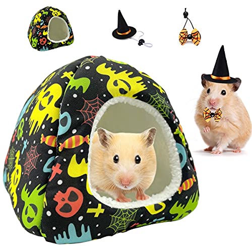 Vehomy Small Animal Halloween House Hideout & Costume Set- Hamster Cave House Bed Nest Hideout with Ghost Candy Spider Net Pattern Hamster Witch Hat Bowtie for Rodent Chinchilla Hedgehog