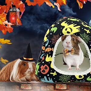 Vehomy Small Animal Halloween House Hideout & Costume Set- Hamster Cave House Bed Nest Hideout with Ghost Candy Spider Net Pattern Hamster Witch Hat Bowtie for Rodent Chinchilla Hedgehog