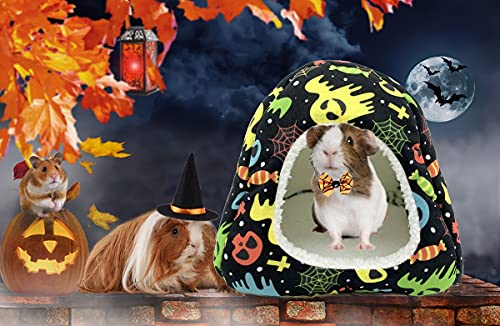 Vehomy Small Animal Halloween House Hideout & Costume Set- Hamster Cave House Bed Nest Hideout with Ghost Candy Spider Net Pattern Hamster Witch Hat Bowtie for Rodent Chinchilla Hedgehog