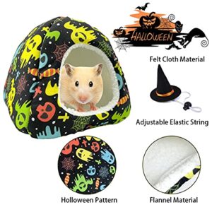 Vehomy Small Animal Halloween House Hideout & Costume Set- Hamster Cave House Bed Nest Hideout with Ghost Candy Spider Net Pattern Hamster Witch Hat Bowtie for Rodent Chinchilla Hedgehog