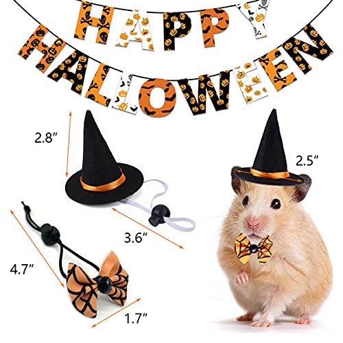 Vehomy Small Animal Halloween House Hideout & Costume Set- Hamster Cave House Bed Nest Hideout with Ghost Candy Spider Net Pattern Hamster Witch Hat Bowtie for Rodent Chinchilla Hedgehog